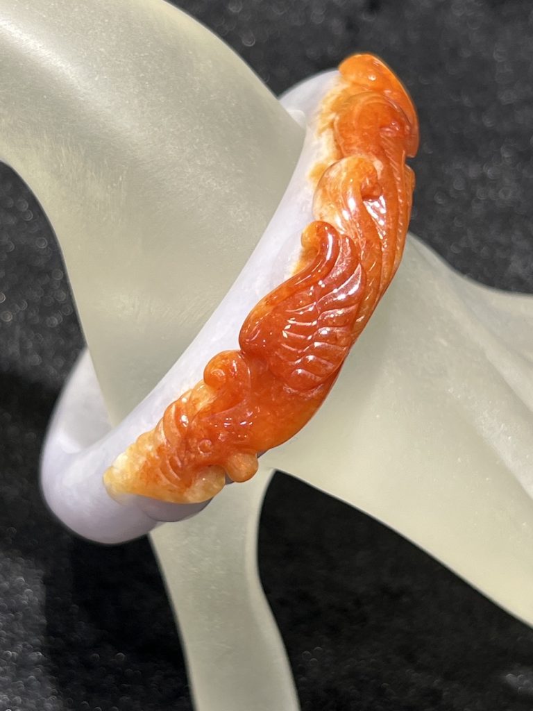 Translucent faint lavender with brownish red phoenix jadeite bangle ...