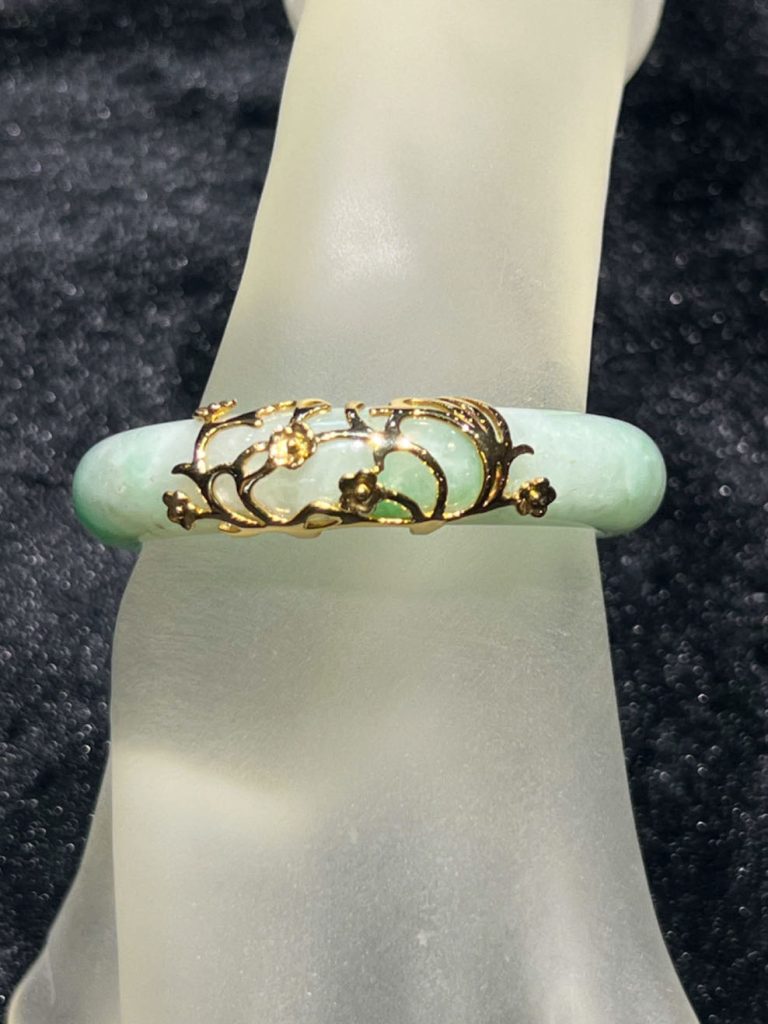 Translucent whiteish green jadeite bangle with gold design - Nanyang ...